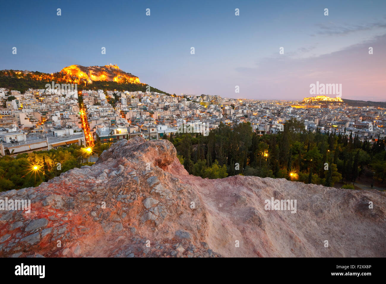View of Athens, Lycabettus hill and Acropolis from Strefi Hill Stock ...