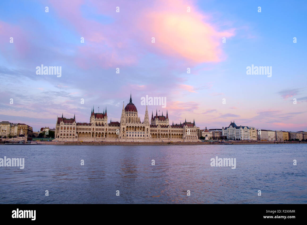 The Hungarian Parliament building at sunset, Budapest, Hungary Stock ...