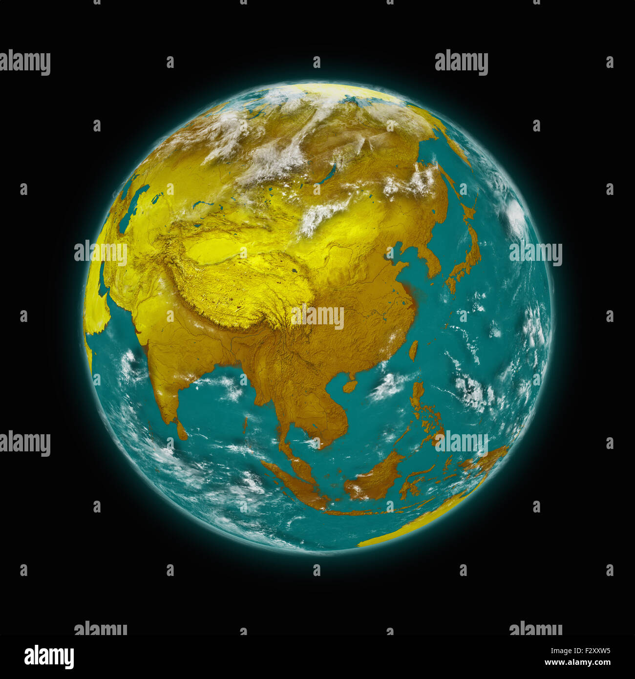 Southeast Asia on blue planet Earth isolated on black background ...