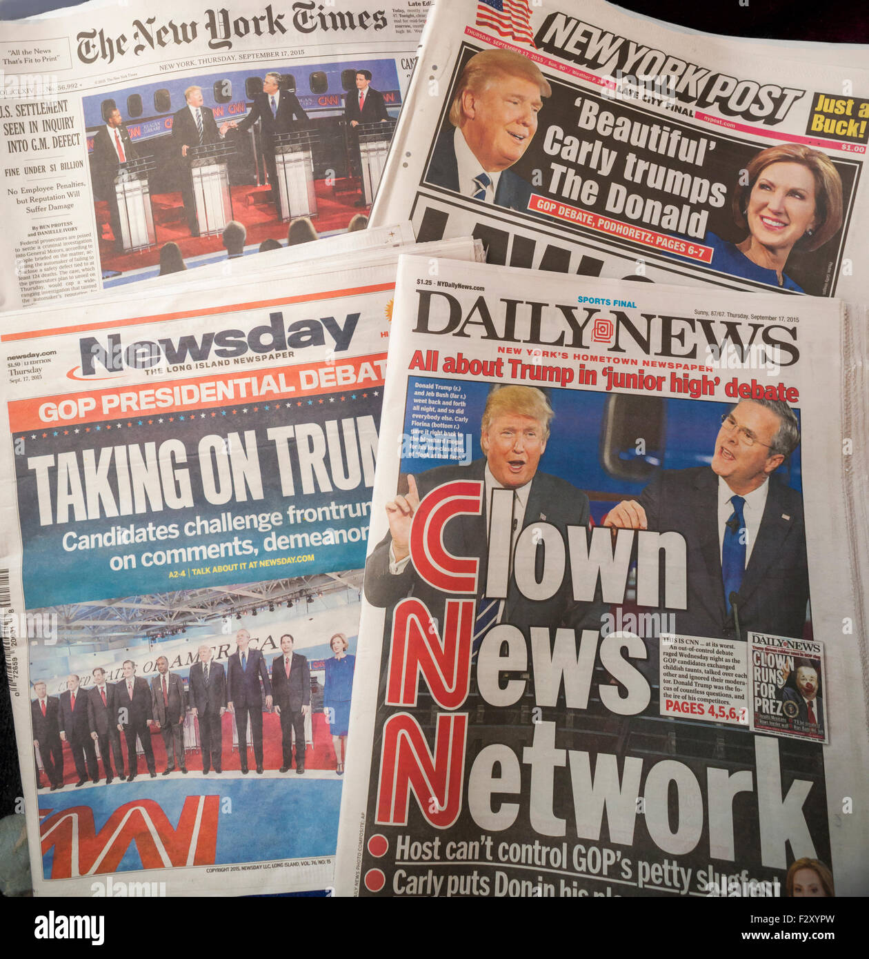Headlines of New York newspapers on Thursday, September 17, 2015 report ...