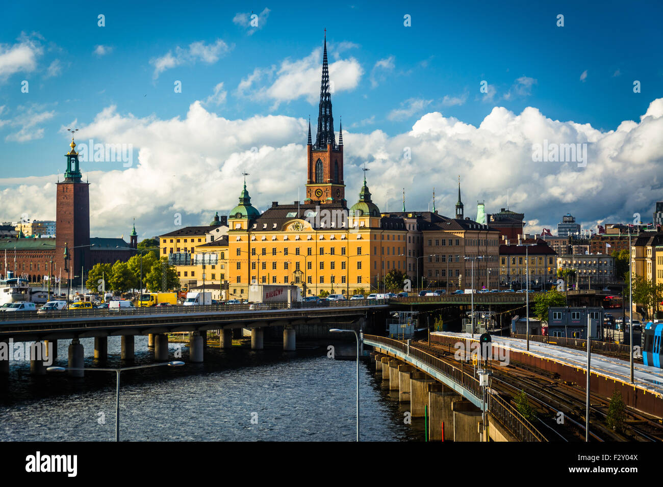 View of the Tunnelbana tracks and Galma Stan from Slussen, in Södermalm ...