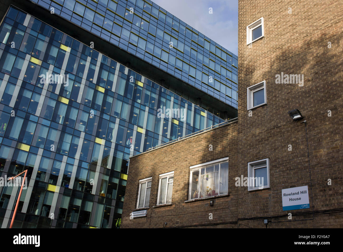 1960s architecture of Rowland Hill House in Southwark with modern plate ...