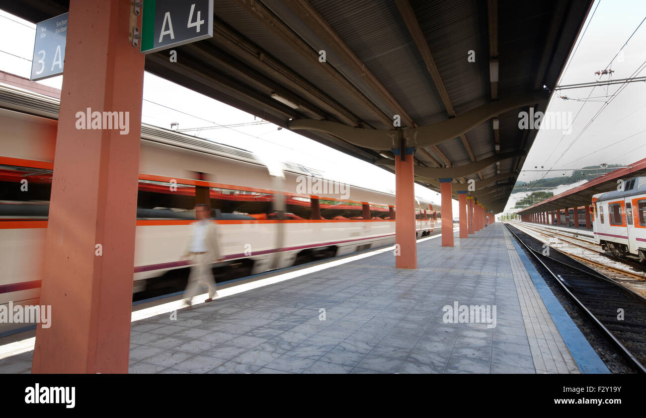 Railway station with platforms and trains in movement Stock Photo - Alamy