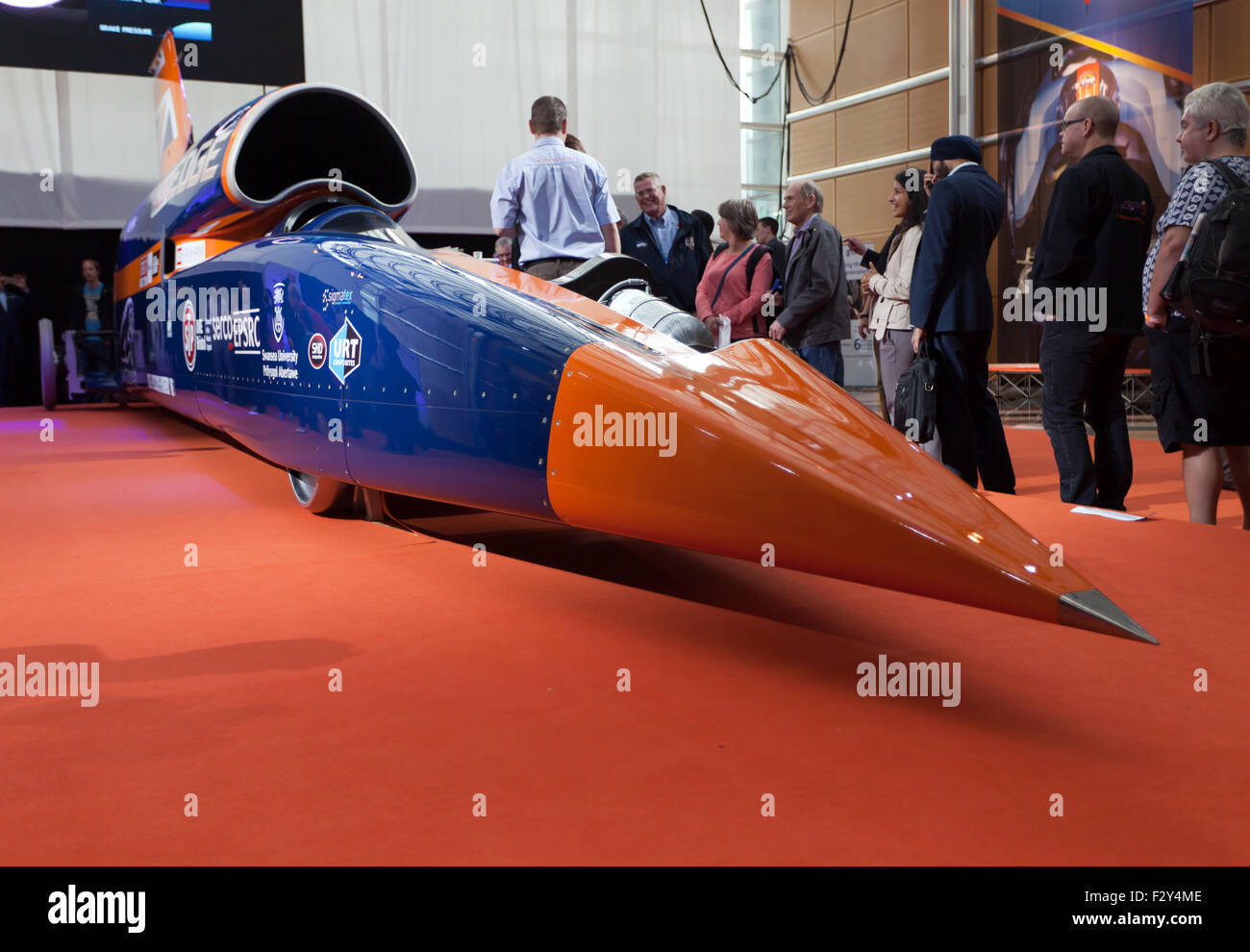 Wide-angle three-quarter view of the Bloodhound Supersonic car, at is ...