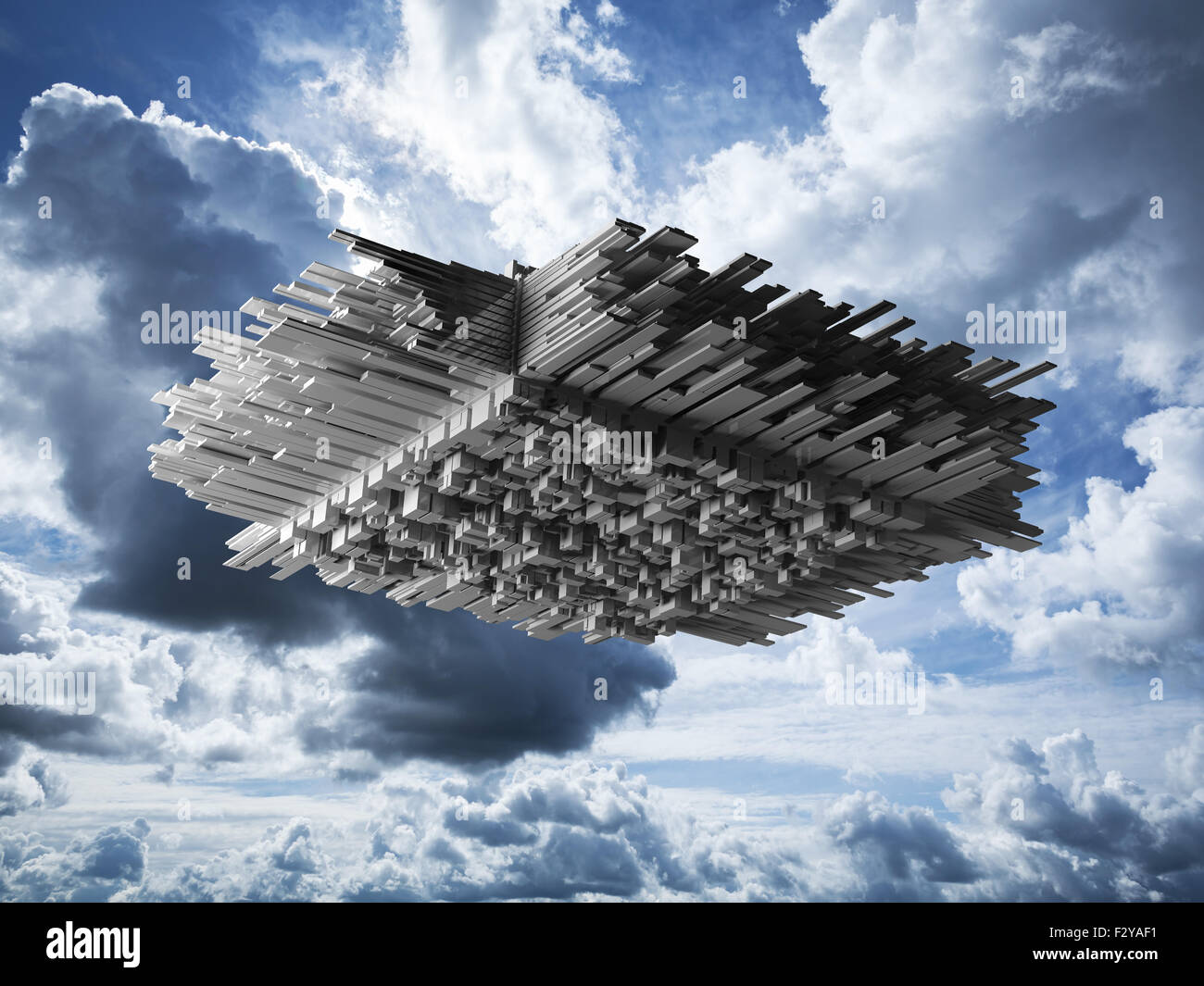 Abstract flying object with chaotic extruded surface in cloudy sky, 3d ...