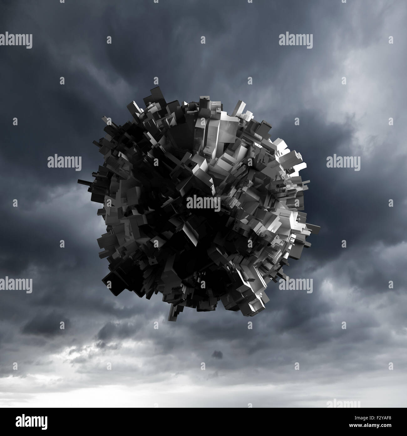 Abstract flying spheric object with chaotic extruded surface over dark ...