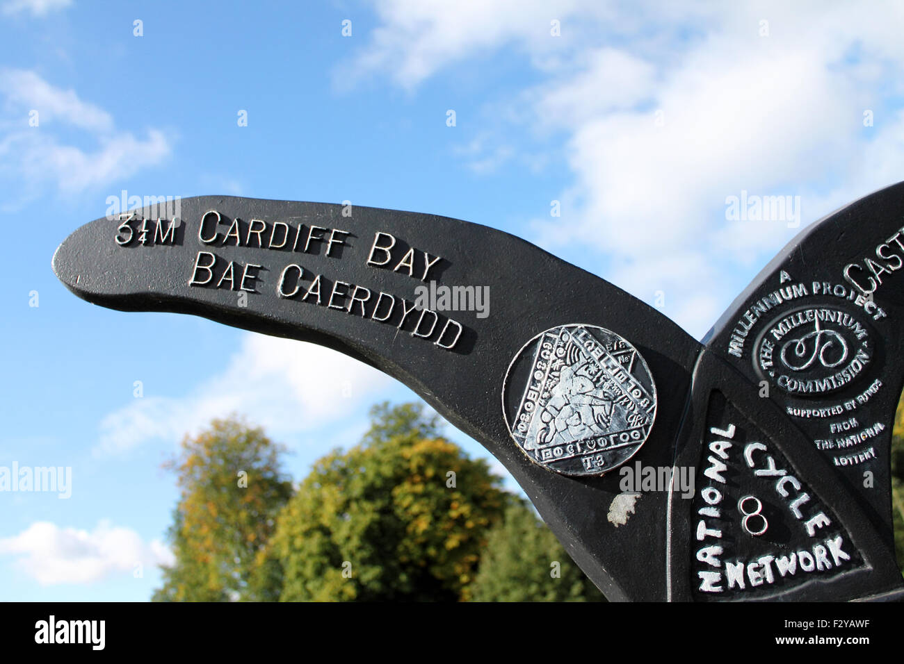 National cycle network marker, Millennium bridge, Sophia gardens ...