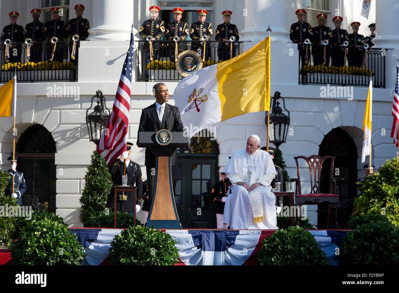U.S. President Barack Obama delivers welcome remarks as Pope Francis ...