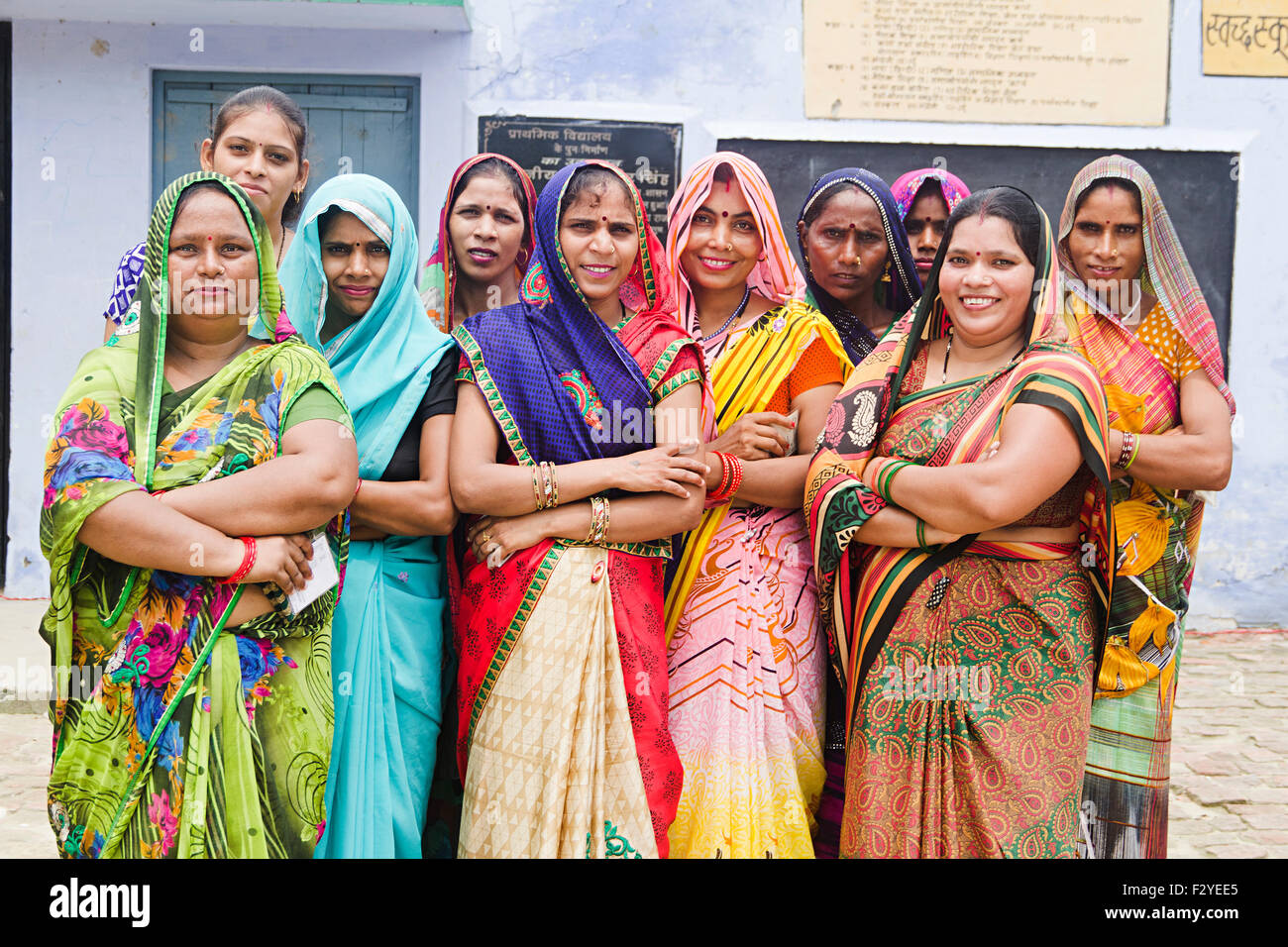 indian rural Villager group crowds woman Neighbour standing Stock Photo ...