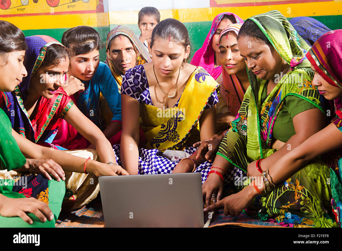 indian rural Villager group crowds womans Laptop Education Stock Photo ...