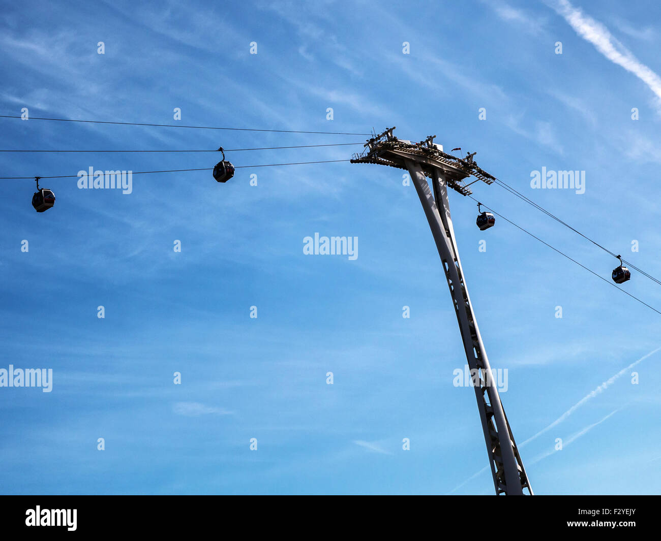 Emirates Air Line, cable cars and cable way, blue sky and contrails ...