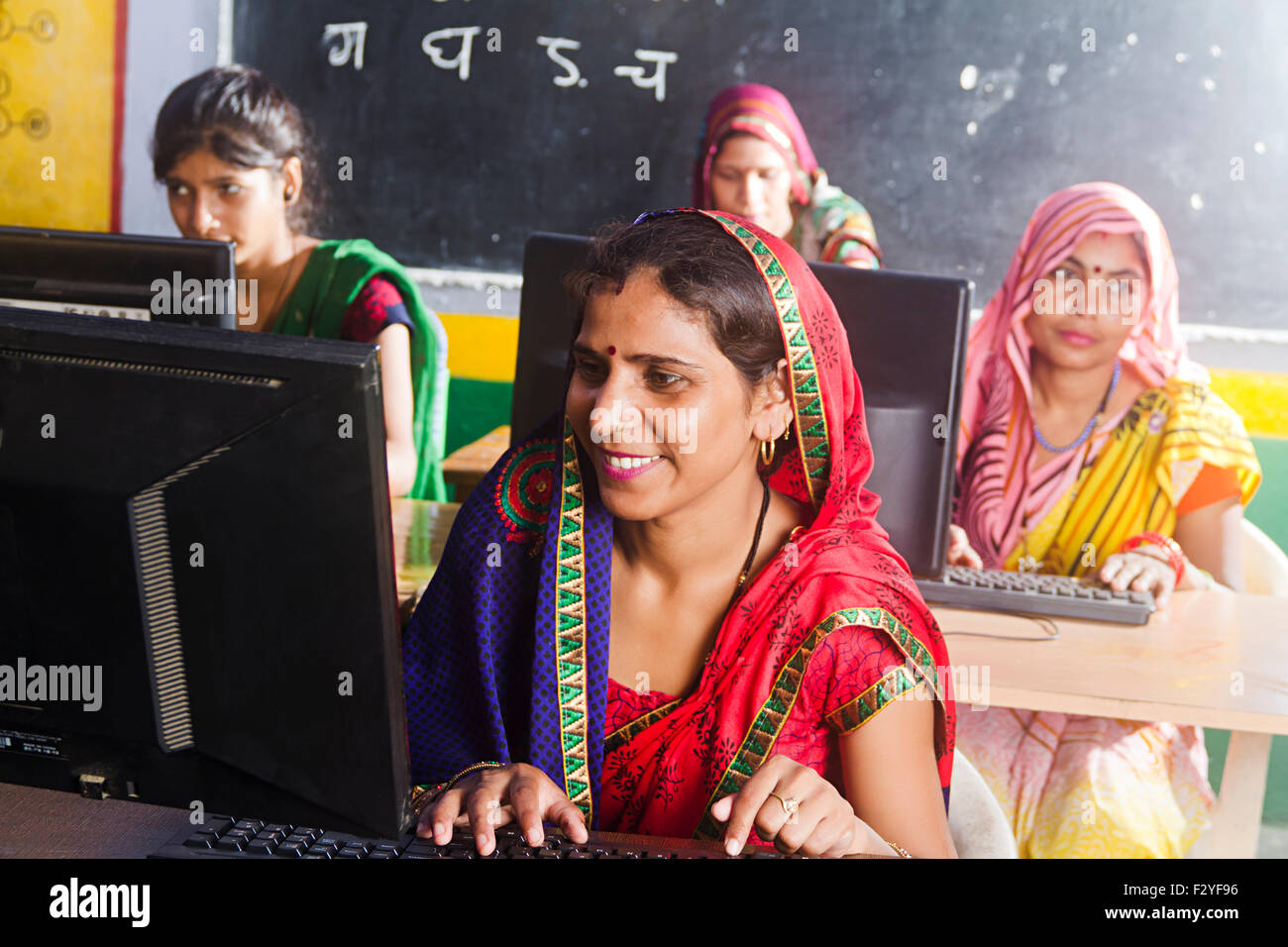 4 indian rural Villager womans School Computer Education Stock Photo ...