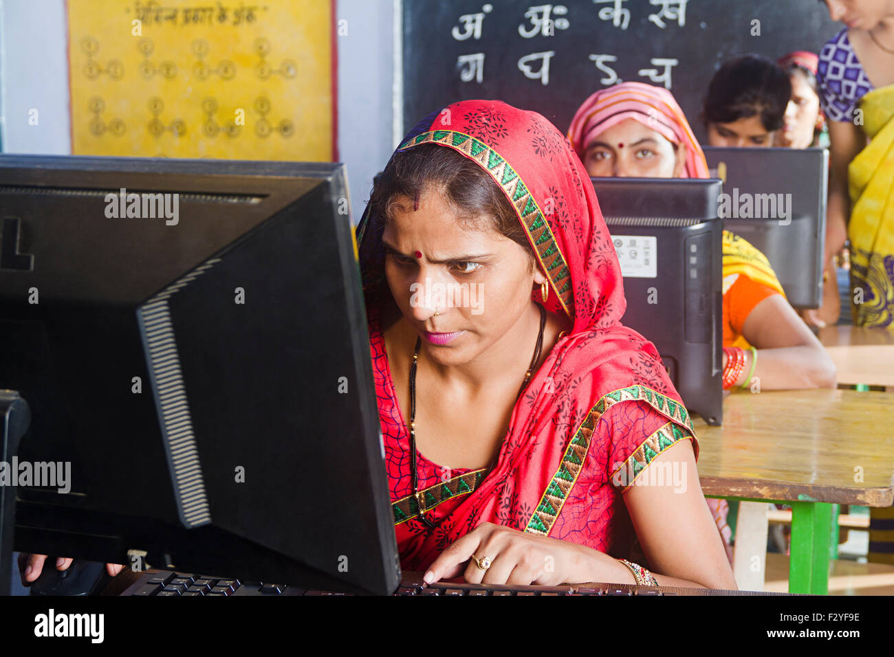 indian rural Villager group crowds womans School Computer Education ...