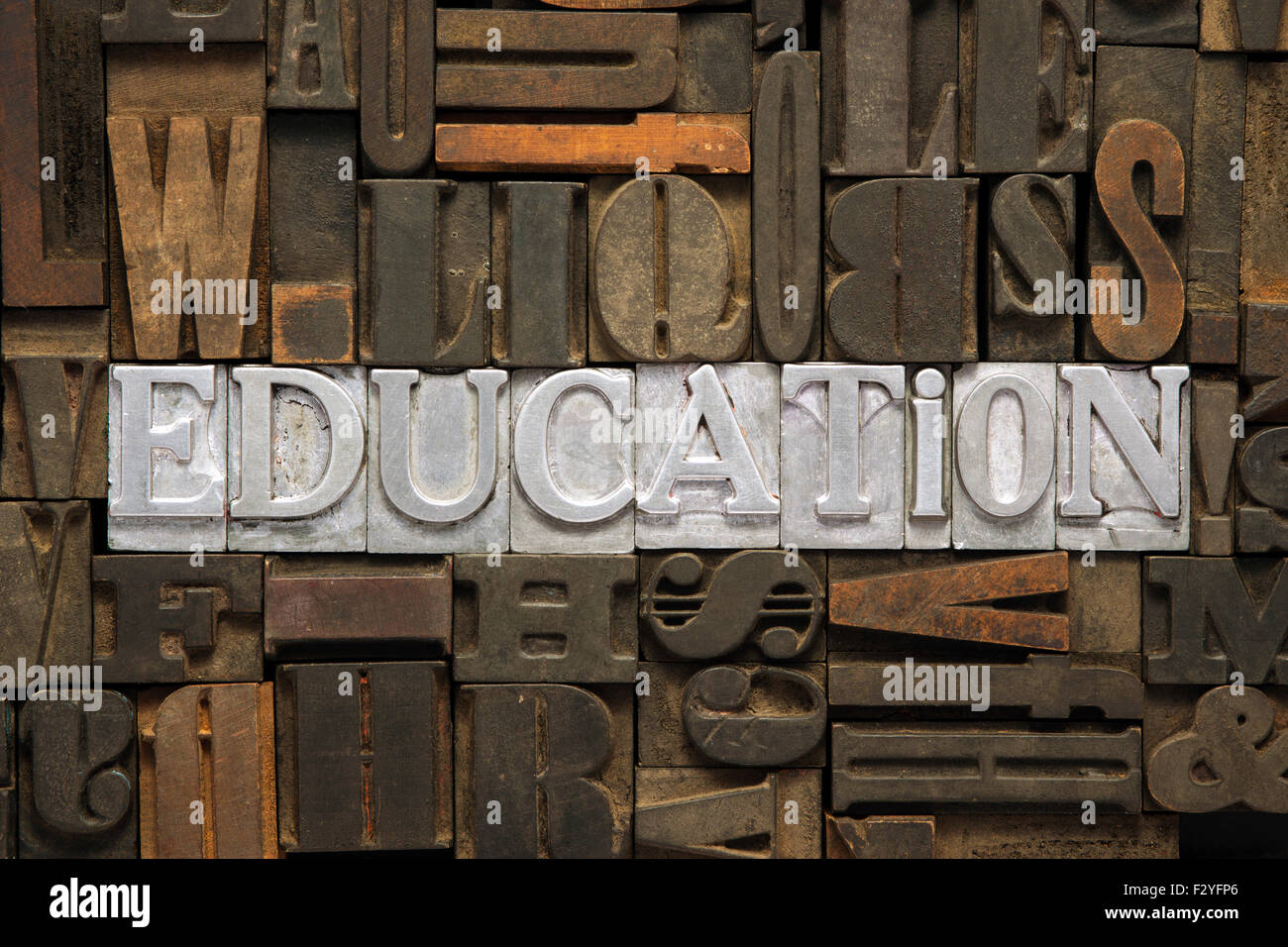 education word made from metallic letterpress blocks in mixed wooden ...