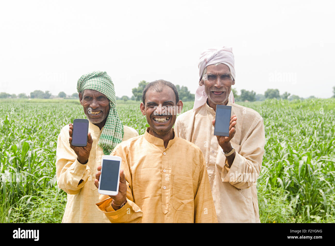 3 indian rural farmer farm Mobile Phone Quality showing Stock Photo - Alamy