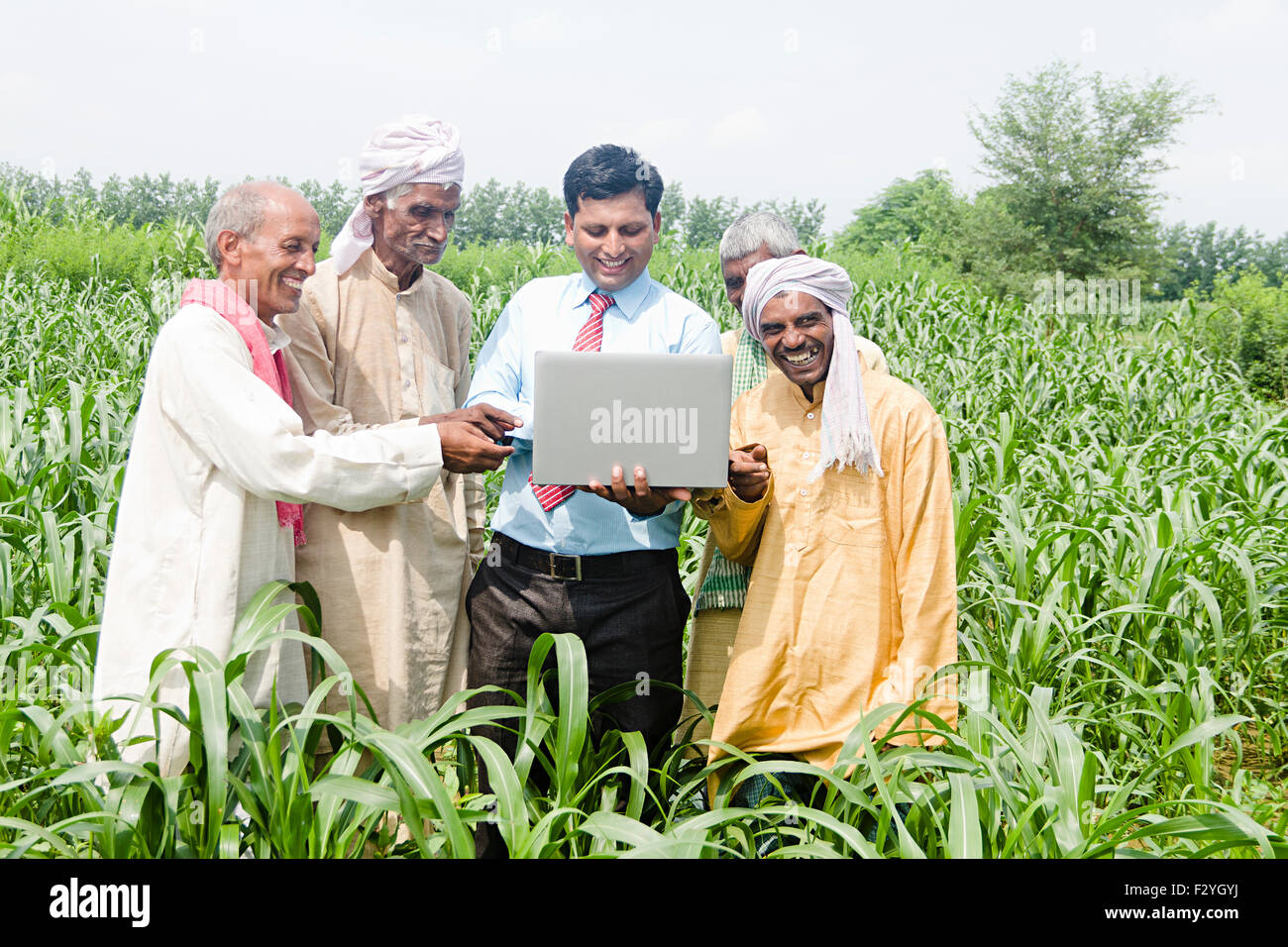 4 indian Business Man and rural farmer farm laptop working Stock Photo ...