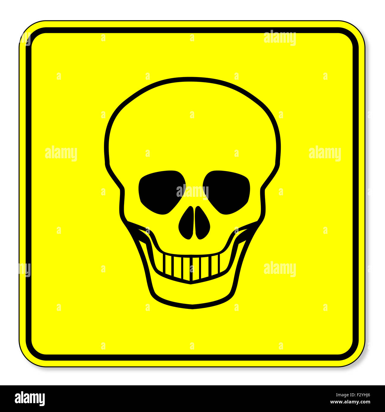 A yellow and black skull warning sign over a white background Stock ...