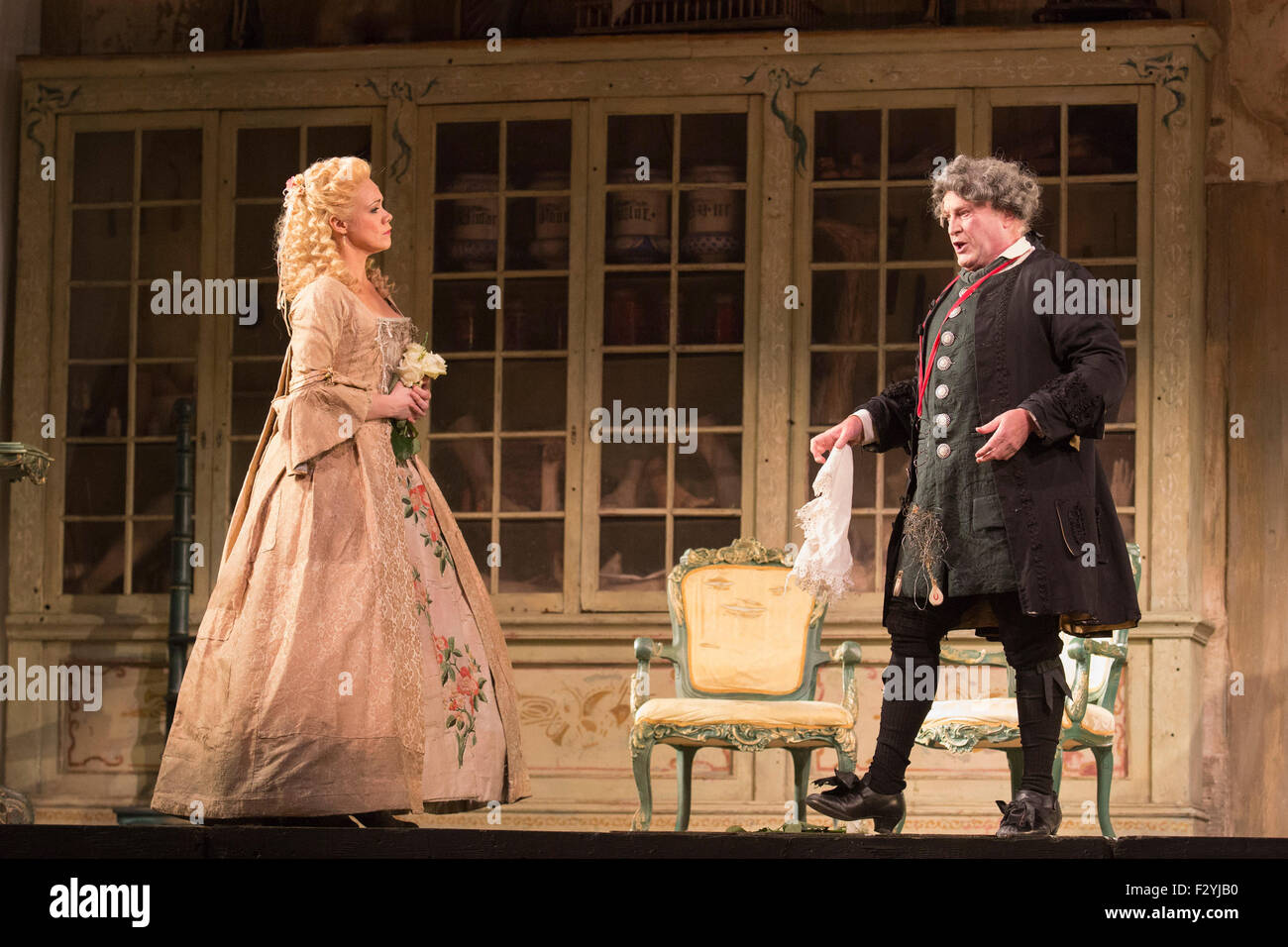 London, UK. 25/09/2015. Kathryn Rudge as Rosina and Andrew Shore as ...