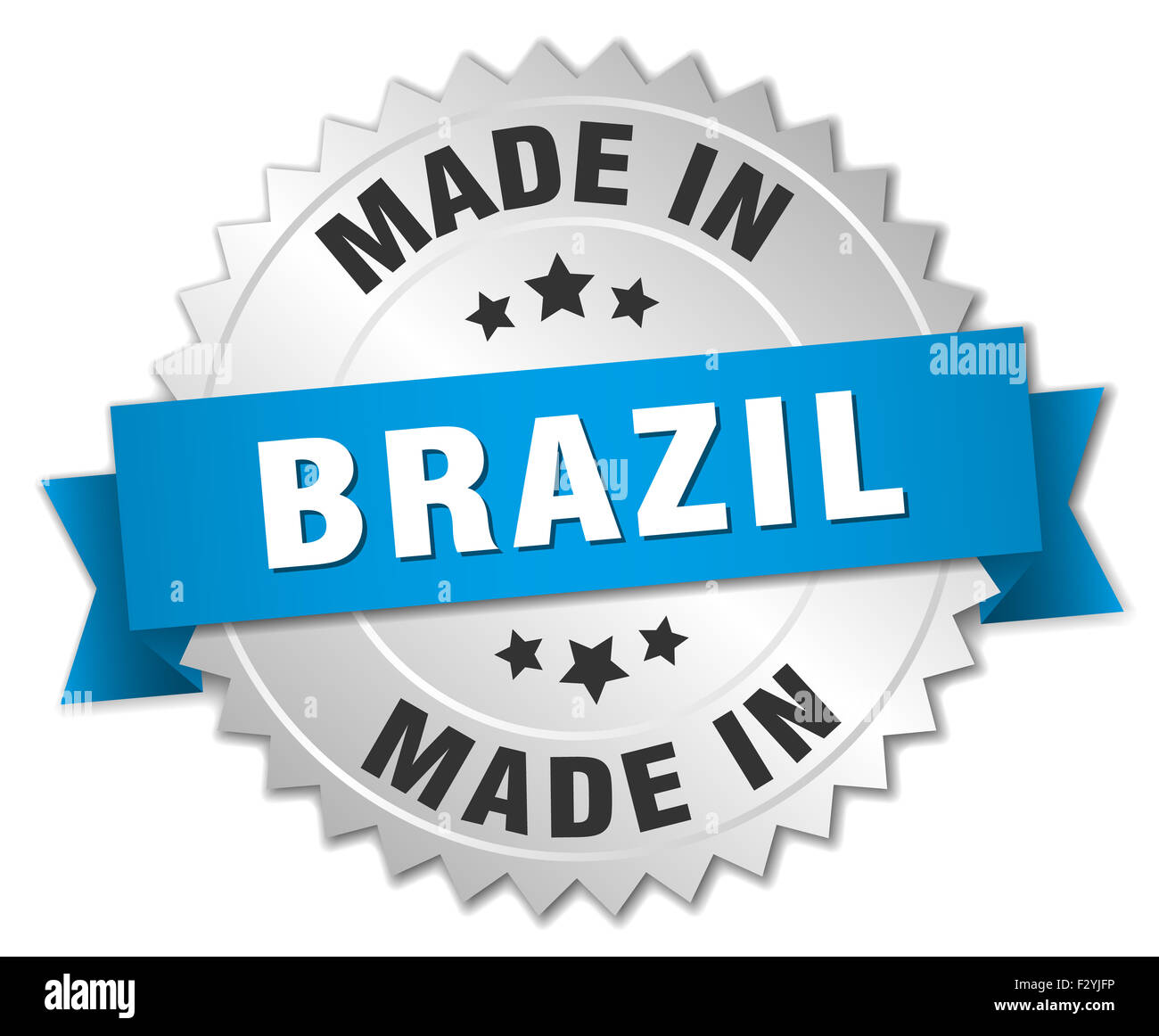 made in Brazil silver badge with blue ribbon Stock Photo - Alamy