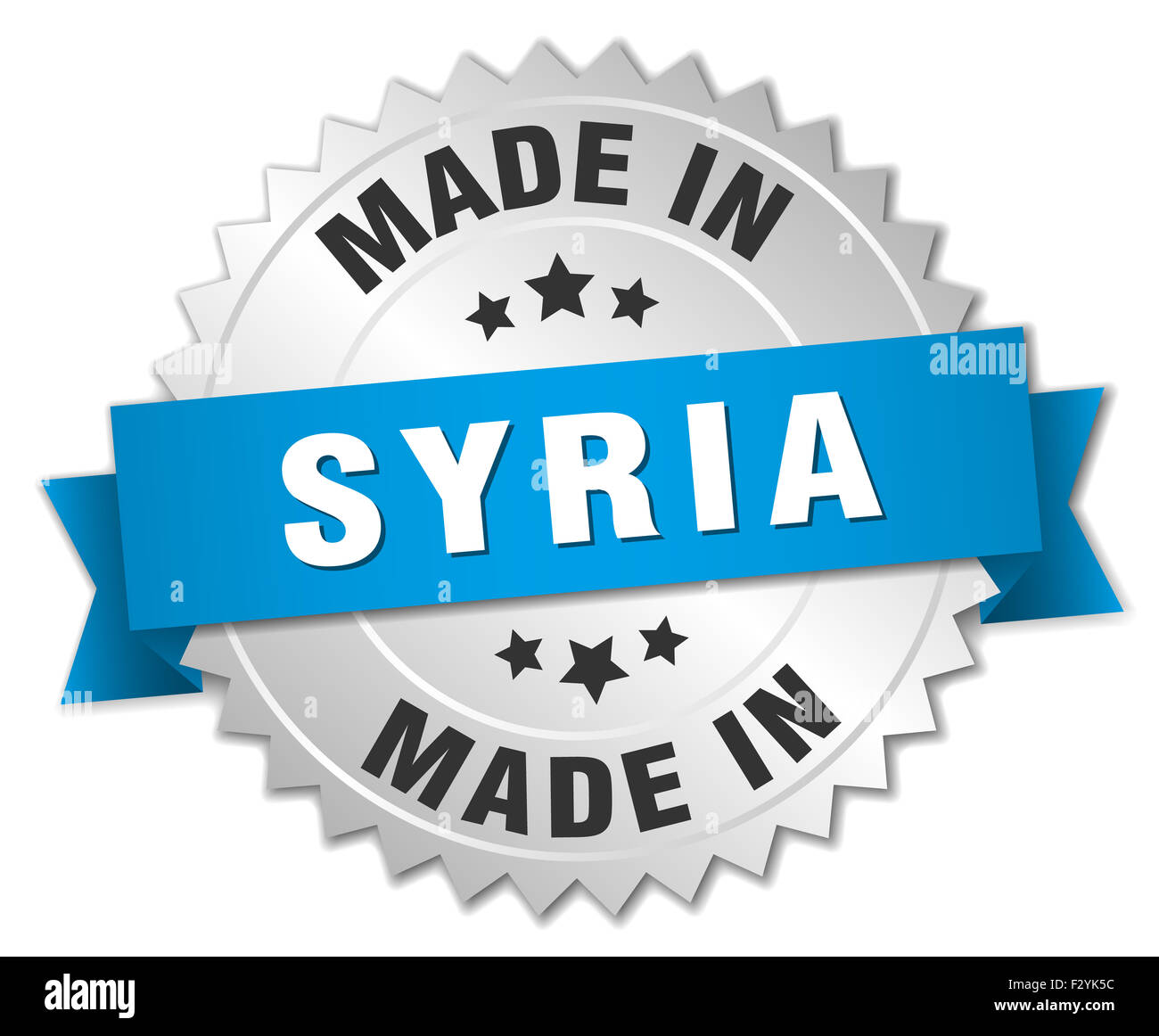 made in Syria silver badge with blue ribbon Stock Photo - Alamy