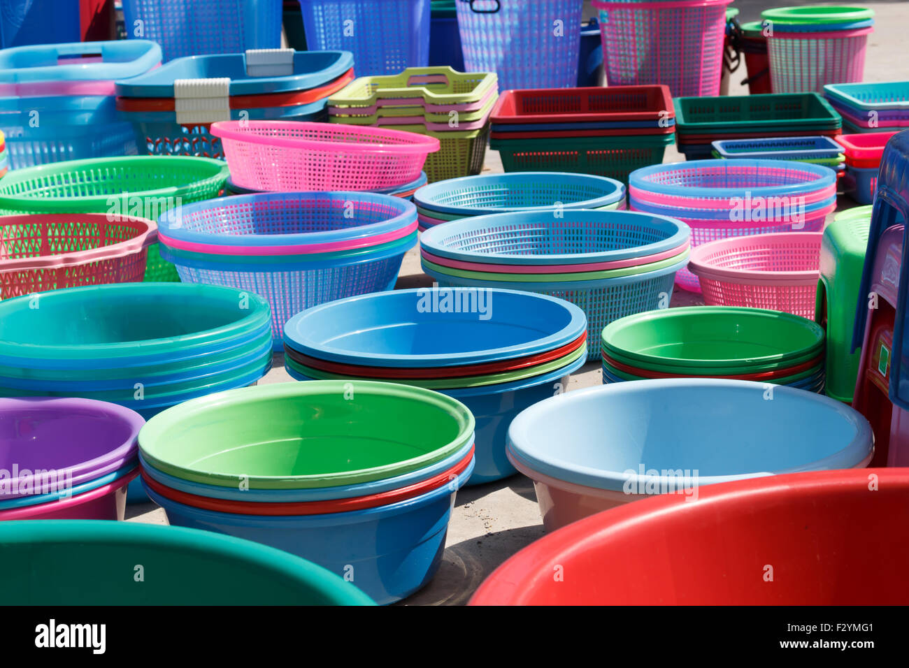 group basket colorful background in market for sale Stock Photo - Alamy