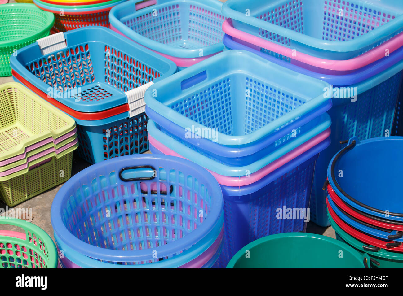group basket colorful background in market for sale Stock Photo - Alamy