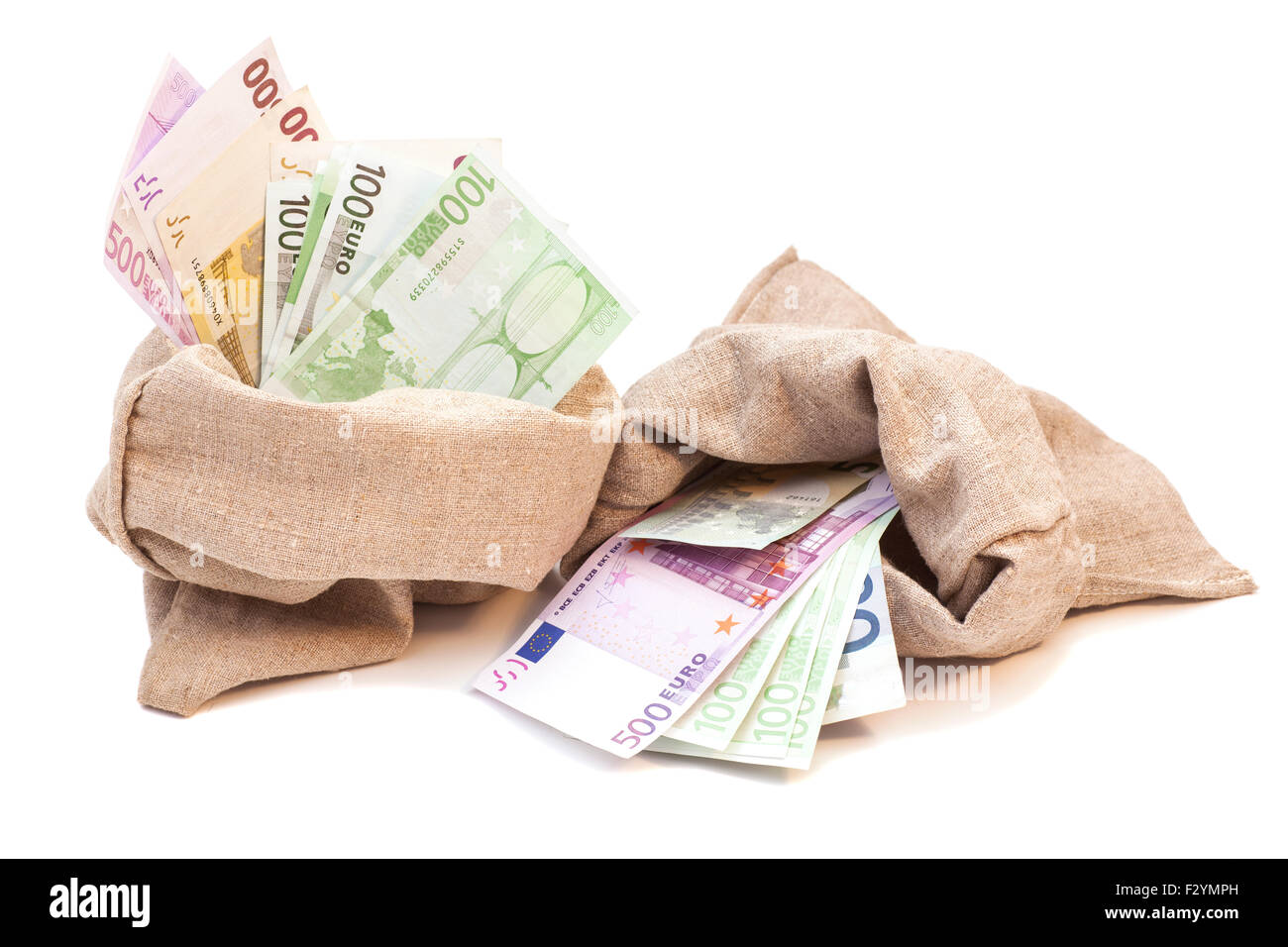 Two Money bags with euro isolated on white background Stock Photo - Alamy