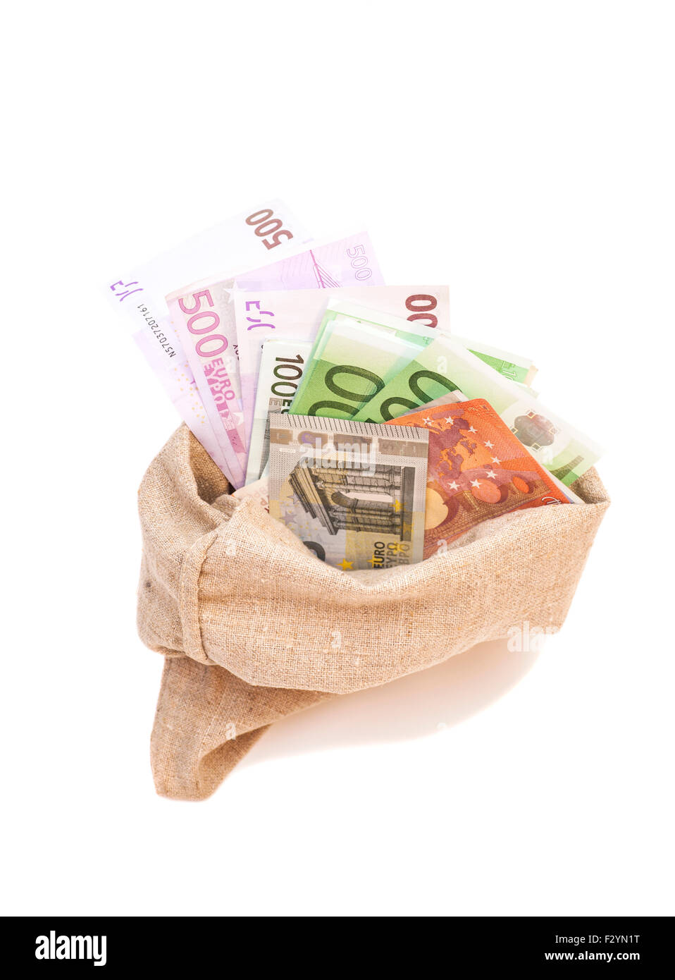 Bag with euro banknotes isolated on white background Stock Photo - Alamy