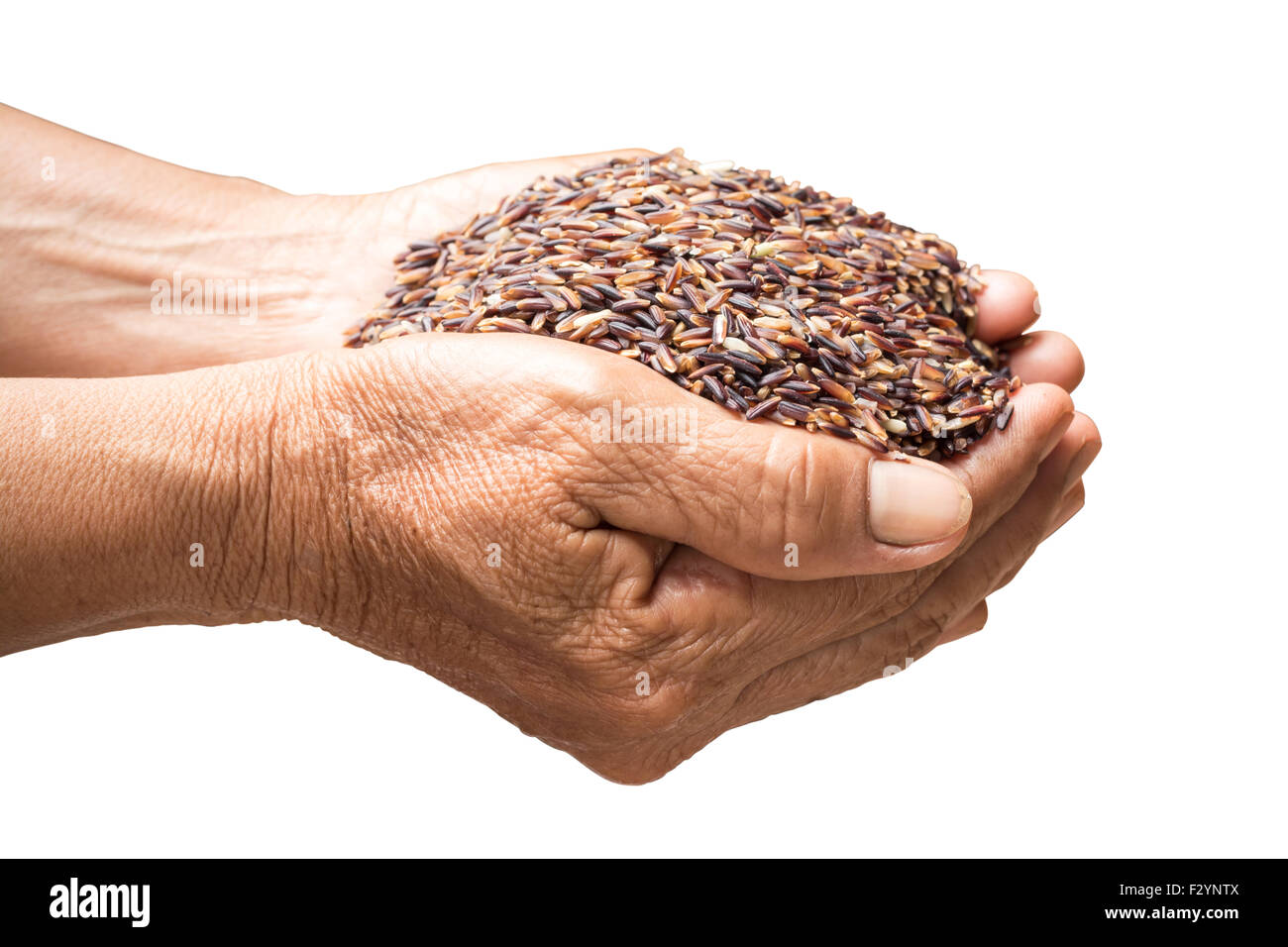 raw rice in hands holding isolated on white background Stock Photo - Alamy