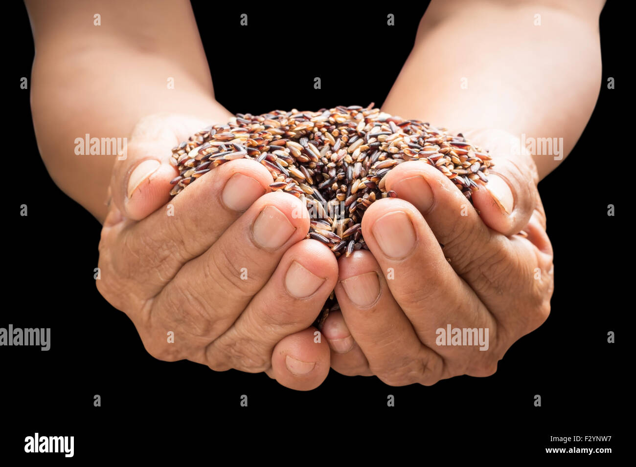 raw rice in hands holding isolated on black background Stock Photo - Alamy