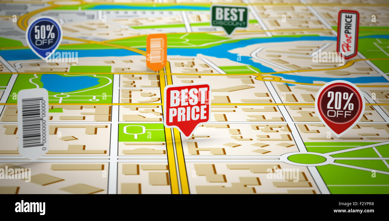 GPS city map with price labels. Concept of sale and shopping. 3d Stock ...