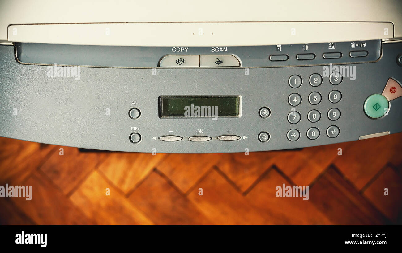 Details of a printer with scanner, areal view on commands Stock Photo ...