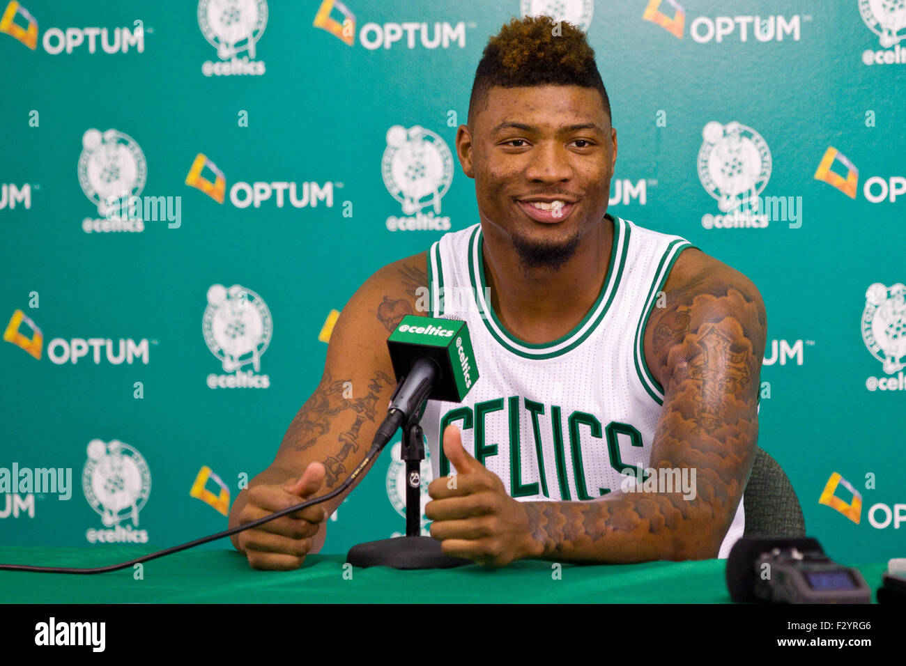 September 25, 2015; Waltham, MA, USA; Boston Celtics guard Marcus Smart ...