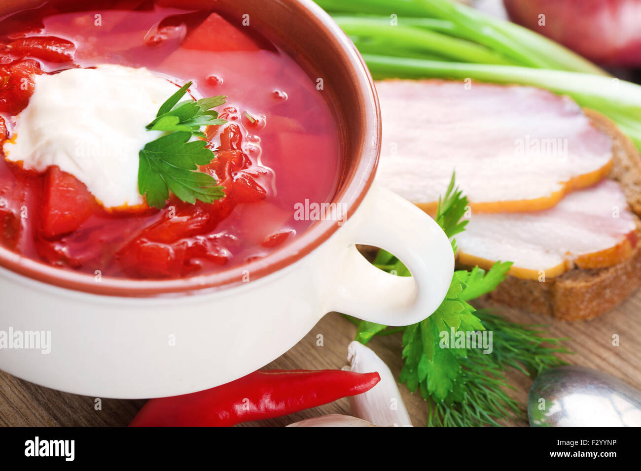 Traditional Ukrainian vegetable soup - borsch on a table Stock Photo ...