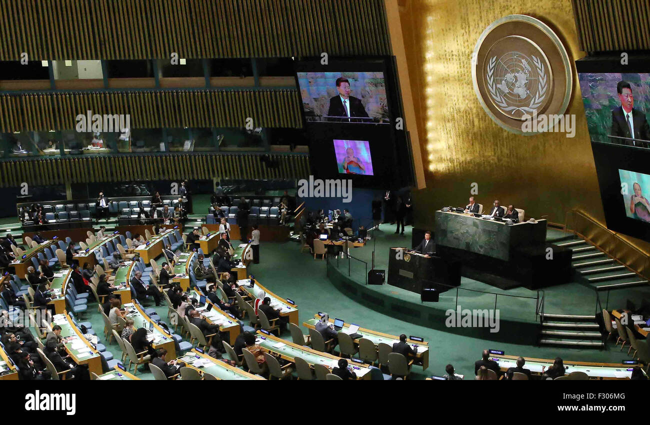 New York, USA. 26th Sep, 2015. Chinese President Xi Jinping addresses ...
