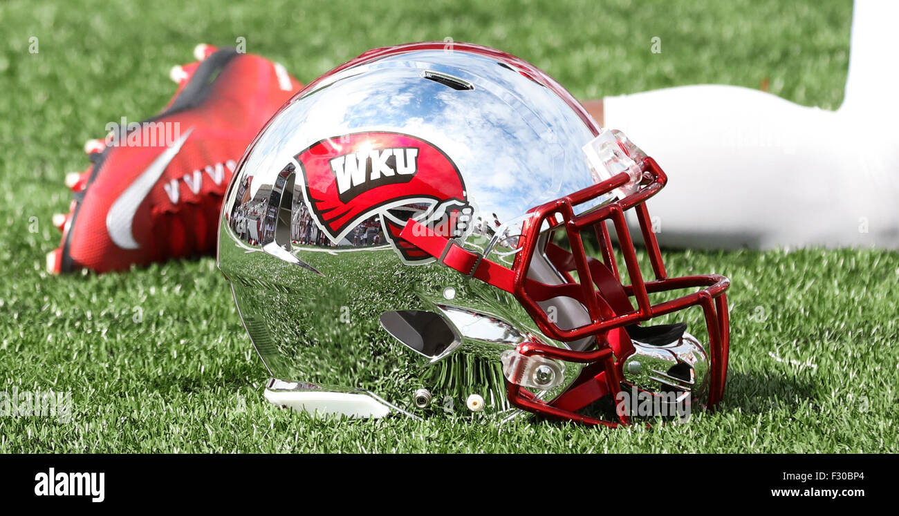 Bowling Green, KY, USA. 26th Sep, 2015. A WKU Hilltopper helmet lies on ...
