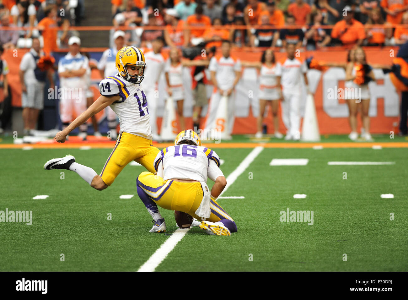Syracuse, NY, USA. 26th Sep, 2015. LSU kicker Trent Domingue (14) in ...