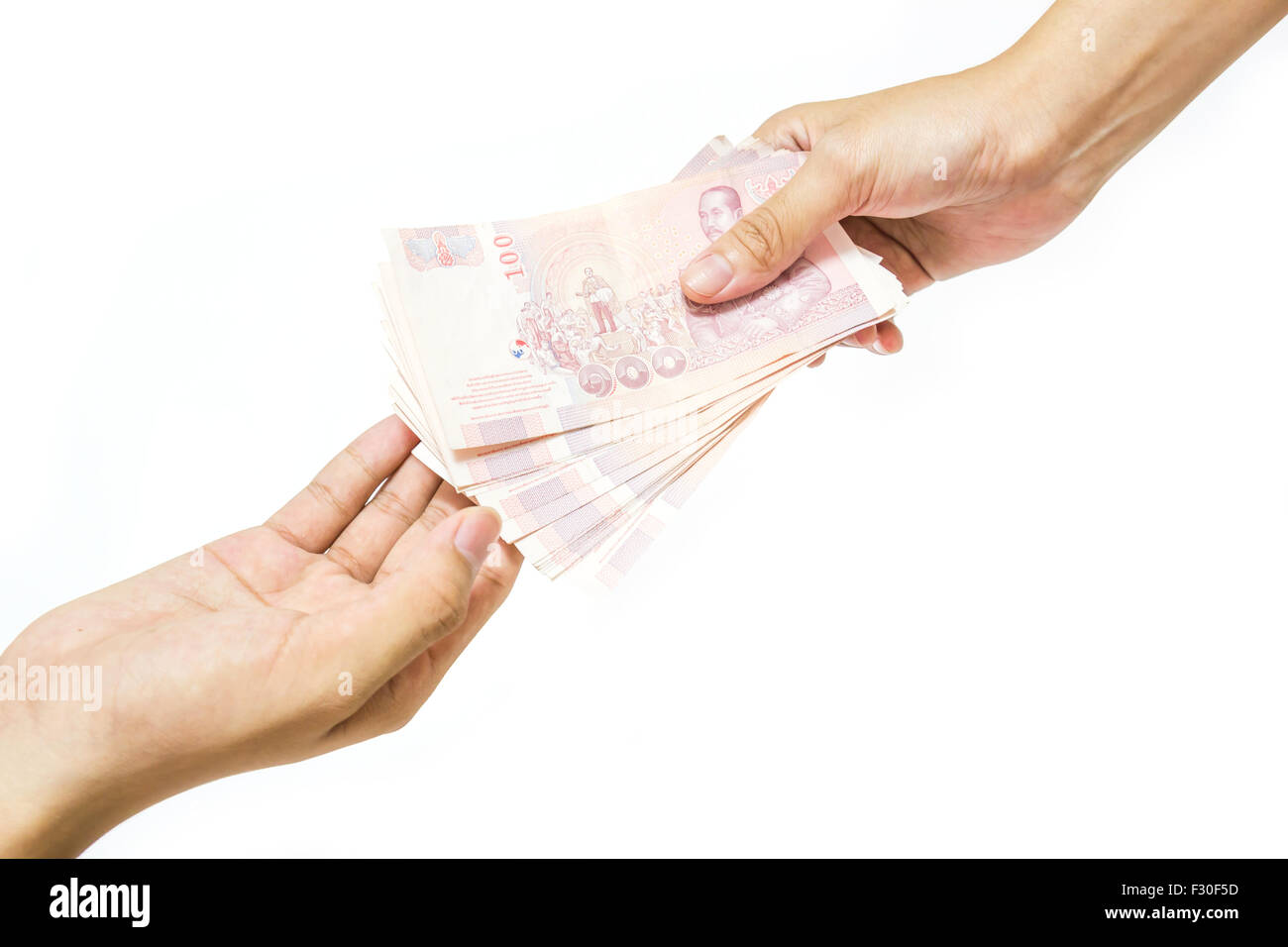 Hand giving money on white background Stock Photo - Alamy