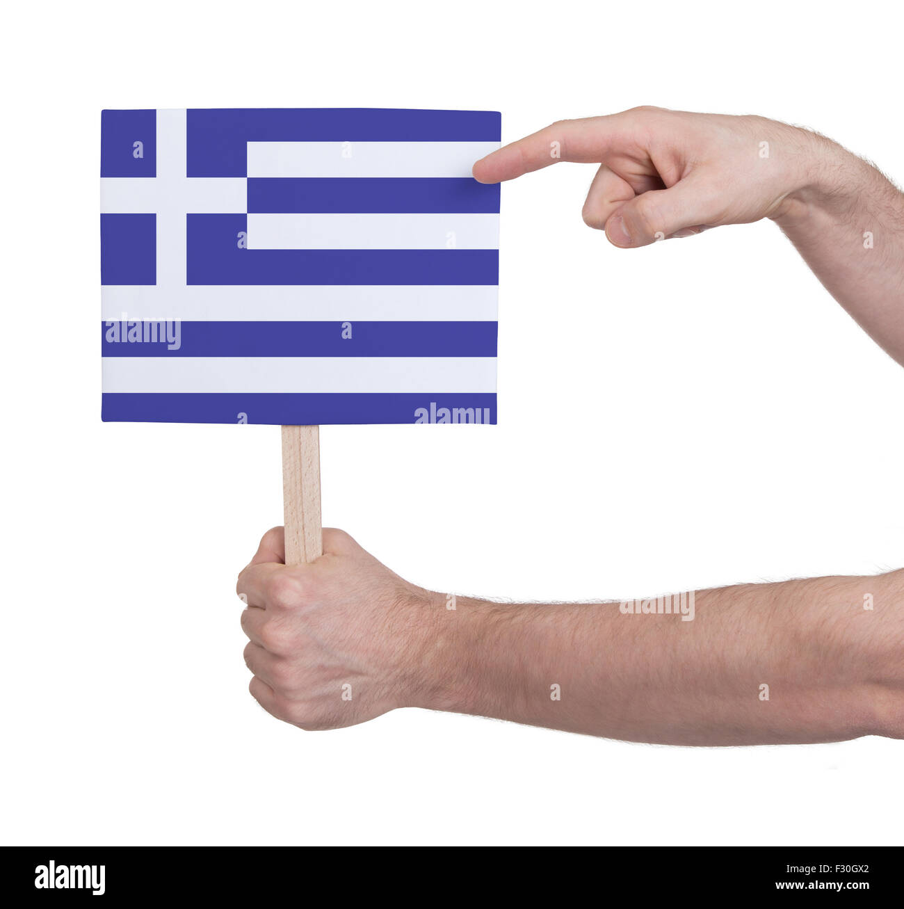 Hand holding small card, isolated on white - Flag of Greece Stock Photo ...