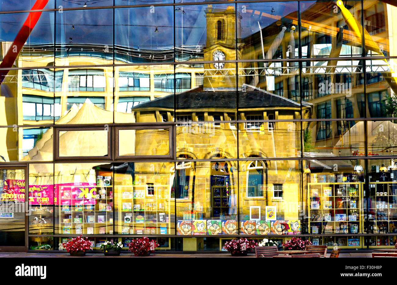 Reflection of Times square, clock tower, Newcastle upon Tyne, old ...