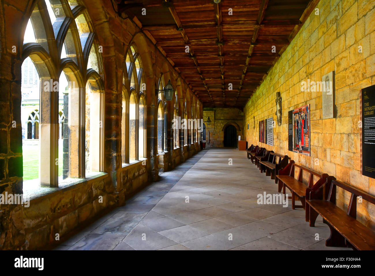 Durham Cathedral inner quadrangle, library, cloisters, walkway, stone ...