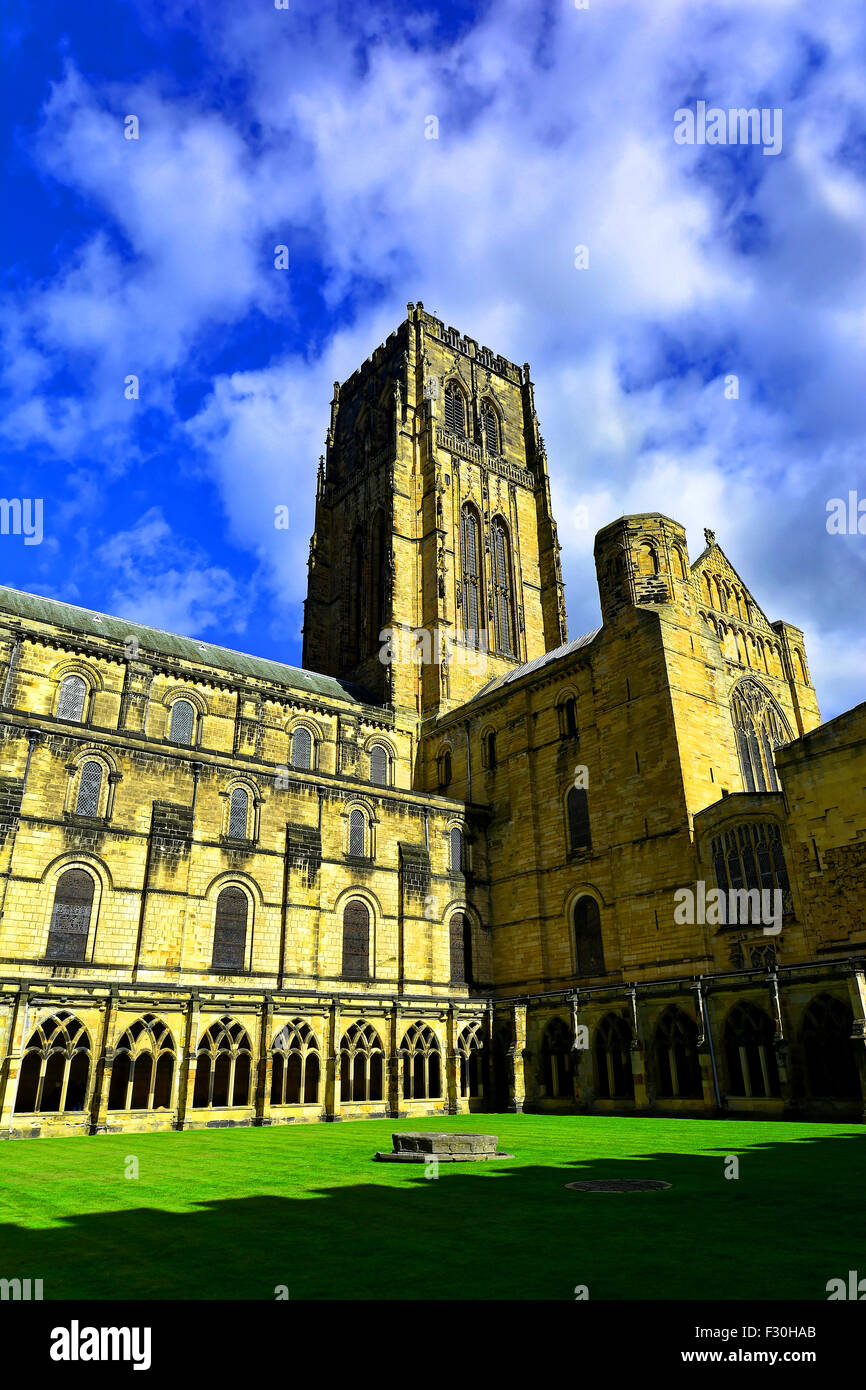 Durham cathedral, blue sky, white clouds, cumulus, church of England ...