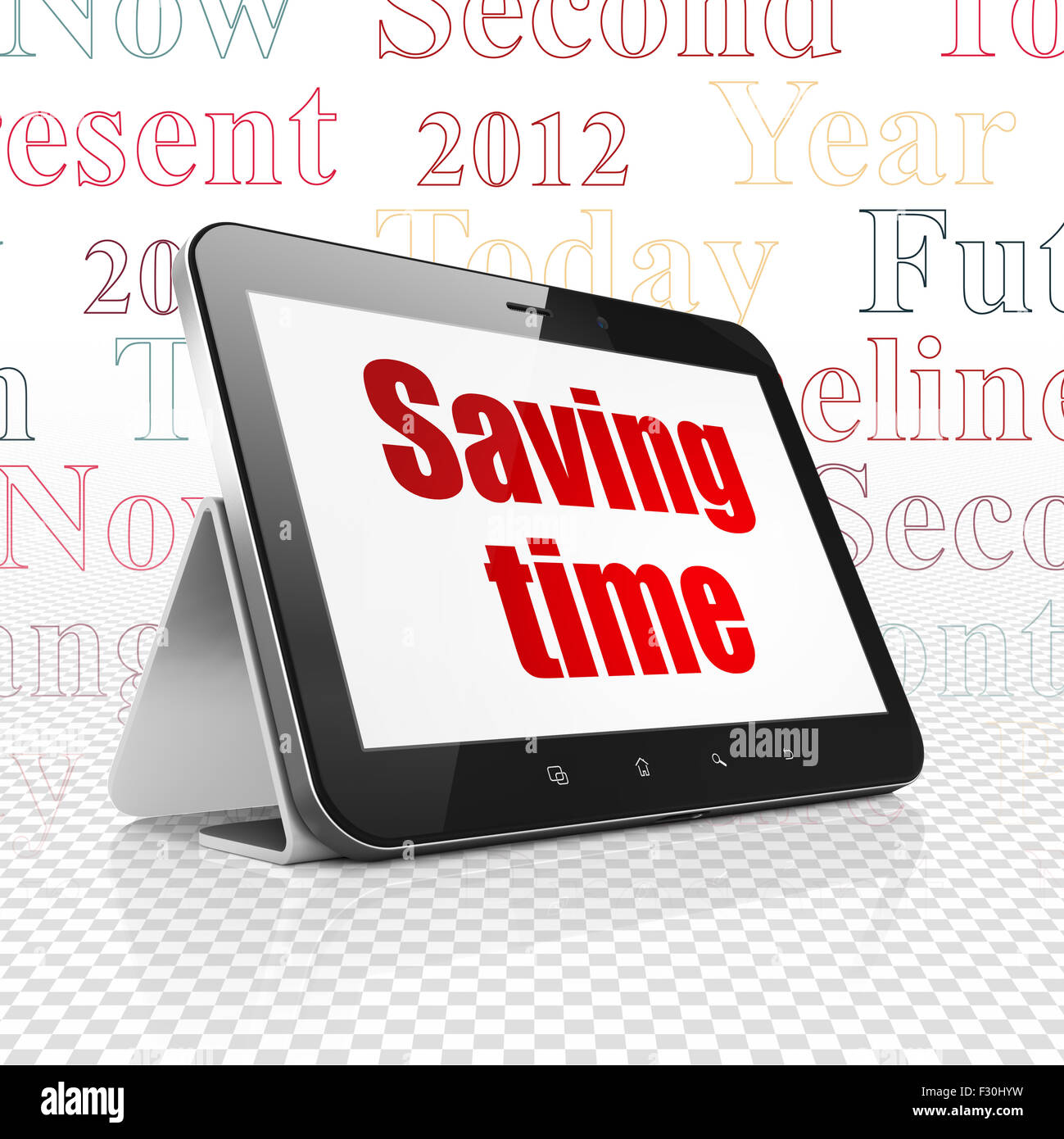 Timeline concept: Tablet Computer with Saving Time on display Stock ...
