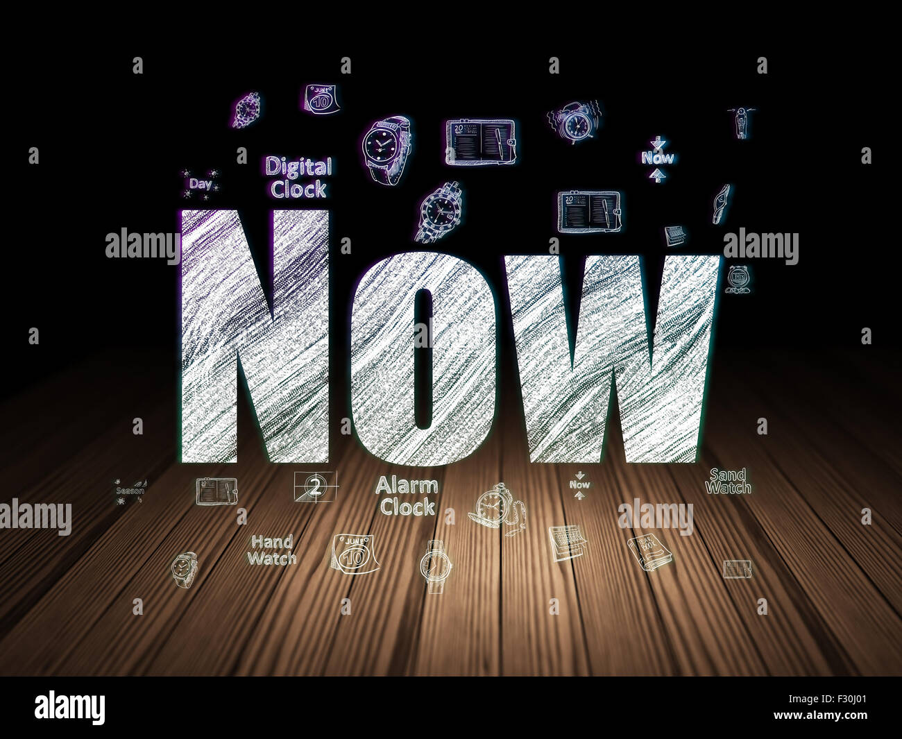 Timeline concept: Now in grunge dark room Stock Photo - Alamy