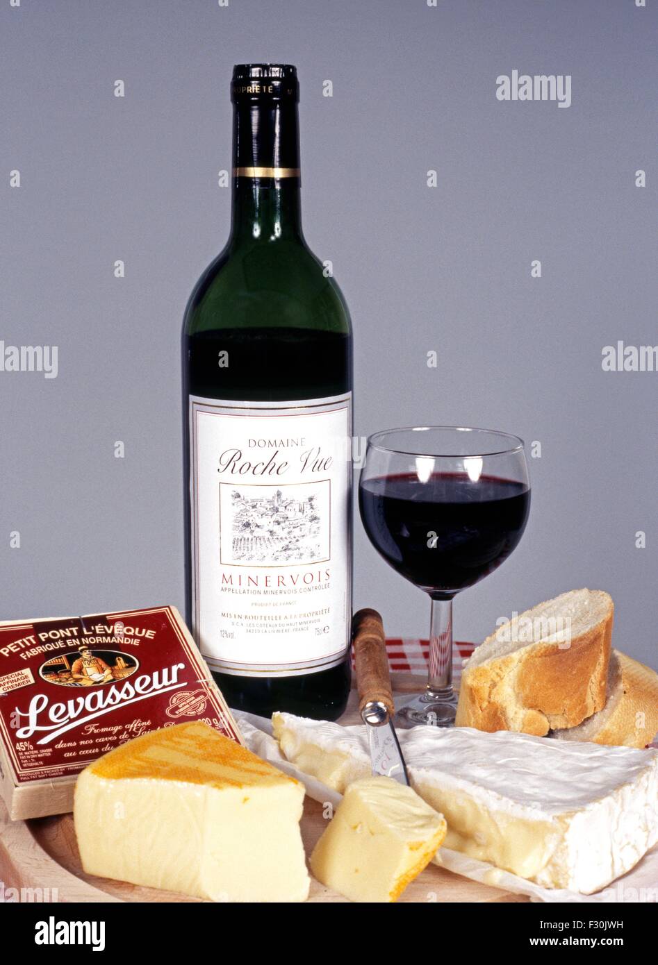 French Minervois Red wine with a selection of French Cheeses and crusty ...