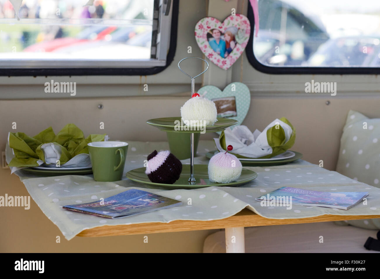 Tea service Inside a decorated Volkswagen Camper van Stock Photo - Alamy