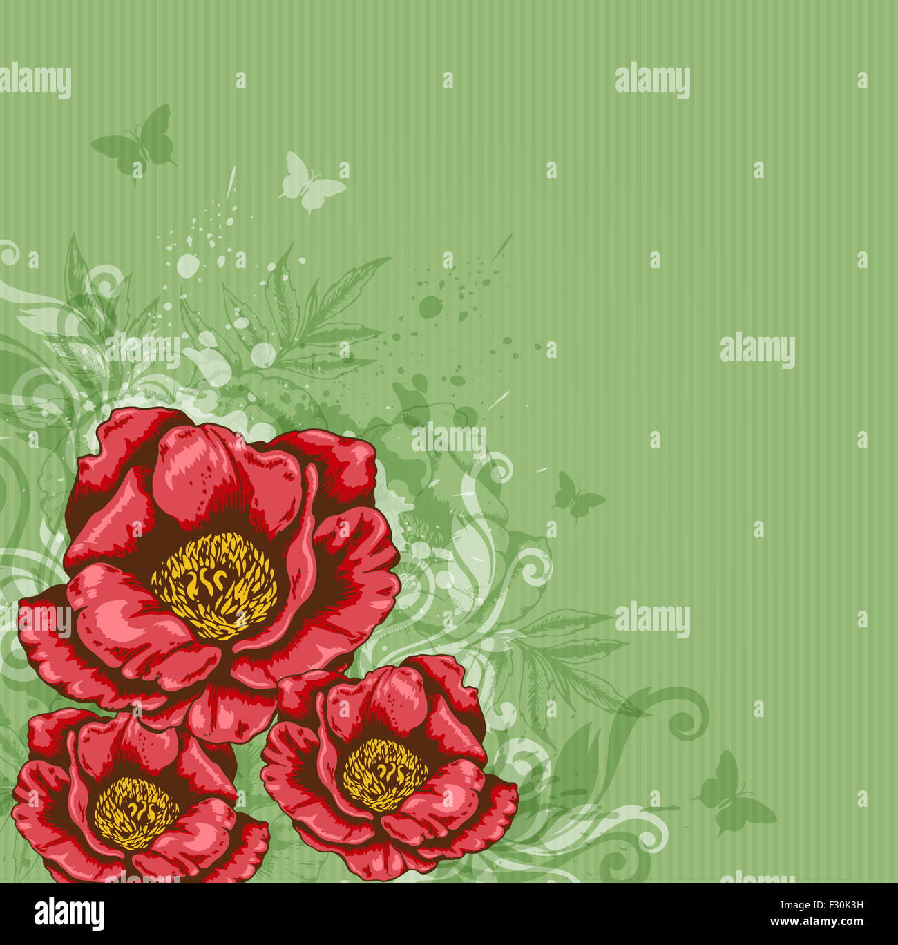 Decorative green background with red flowers Stock Photo - Alamy