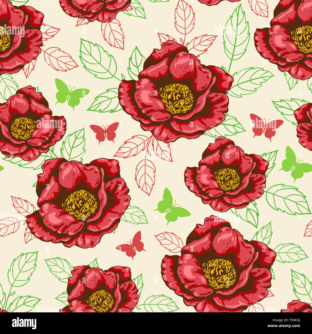 Seamless pattern with red flowers and leaves Stock Photo - Alamy