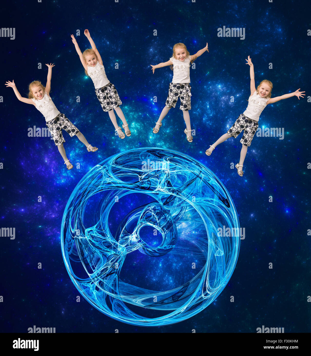 Little girls jumping on abstract sphere on background with stars Stock ...