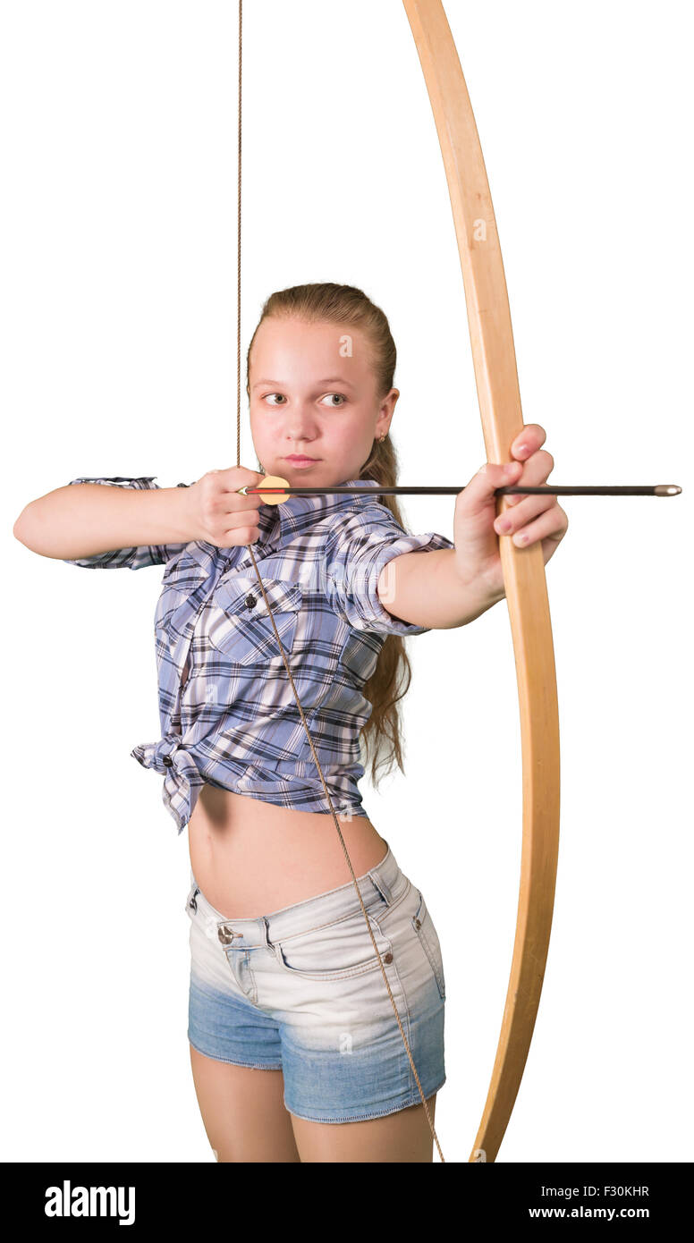 Teen girl practicing archery isolated on white background Stock Photo ...